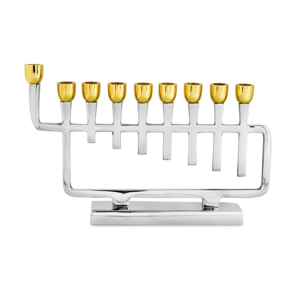 Polished Silver Metal Menorah with Gold Candle Cups — BT Shalom